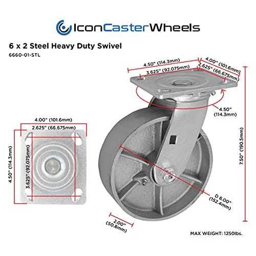 ICONCASTERWHEEL 6 x 2 Steel Heavy Duty Casters Set of 4 Industrial ...