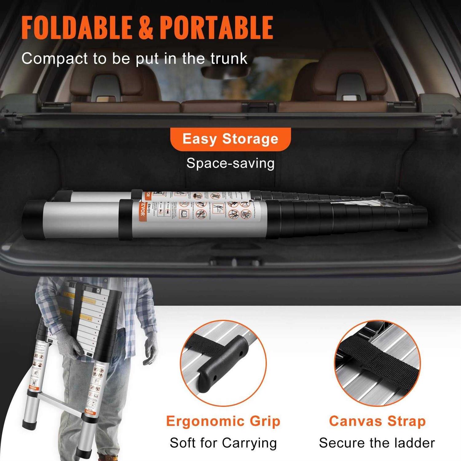 VEVOR Telescoping Ladder Aluminum One-Button Retraction Collapsible ...