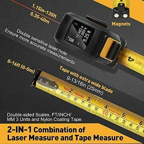Prexiso 2-in-1 Laser Tape Measure 135Ft Rechargeable Laser Measurement Tool & 16Ft Measuring ...