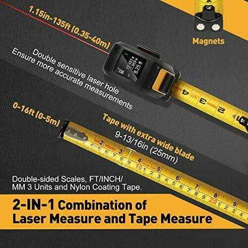 Prexiso 2-in-1 Laser Tape Measure 135Ft Rechargeable Laser Measurement ...