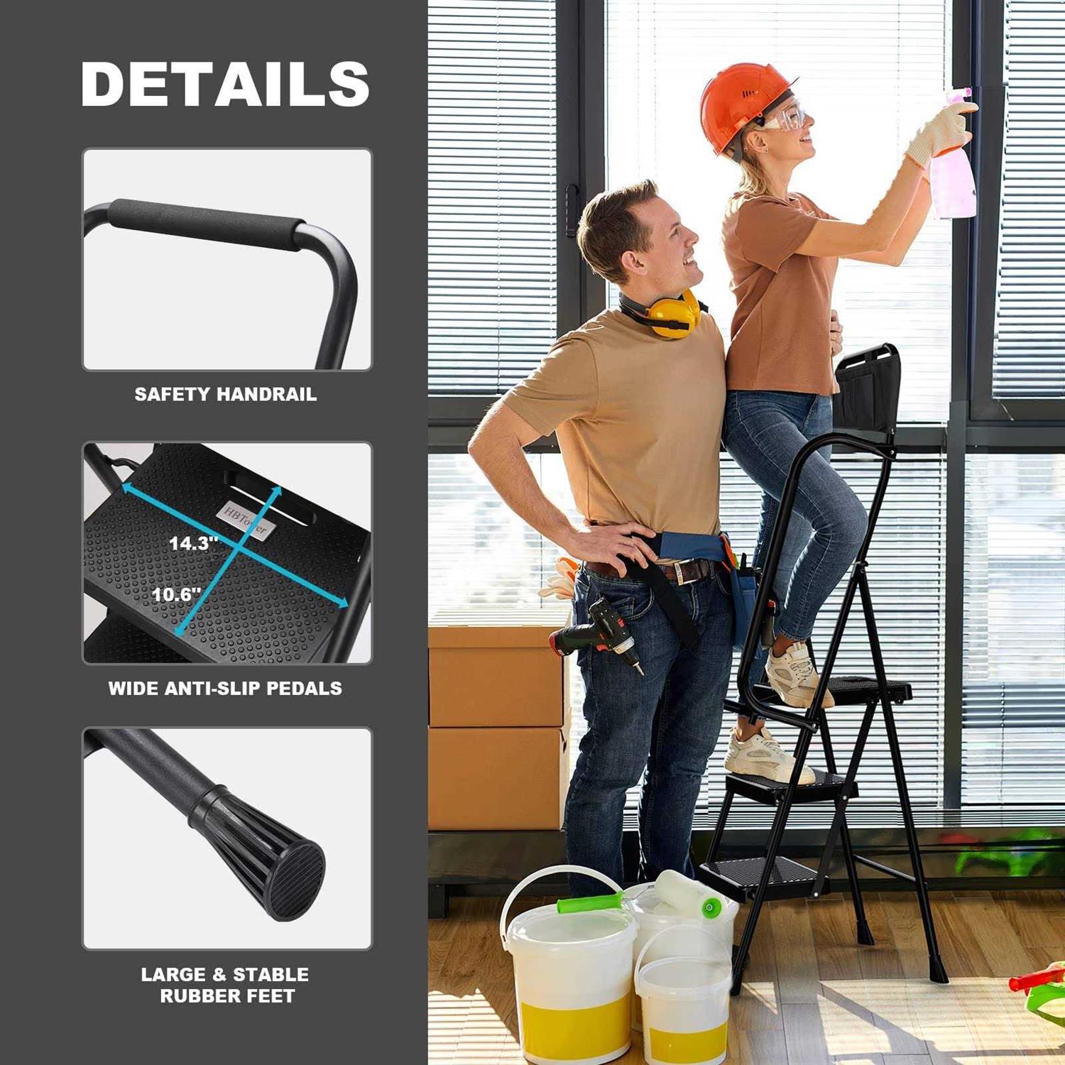 Hbtower 3 Step Ladder with Handrails Folding Step Stool with Attachable ...