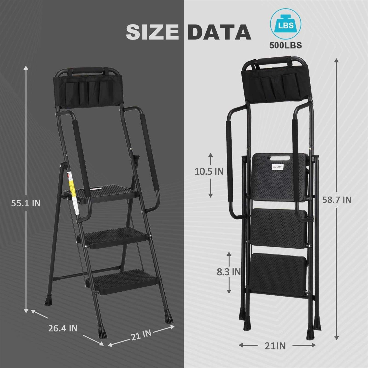 Hbtower 3 Step Ladder with Handrails Folding Step Stool with Attachable ...