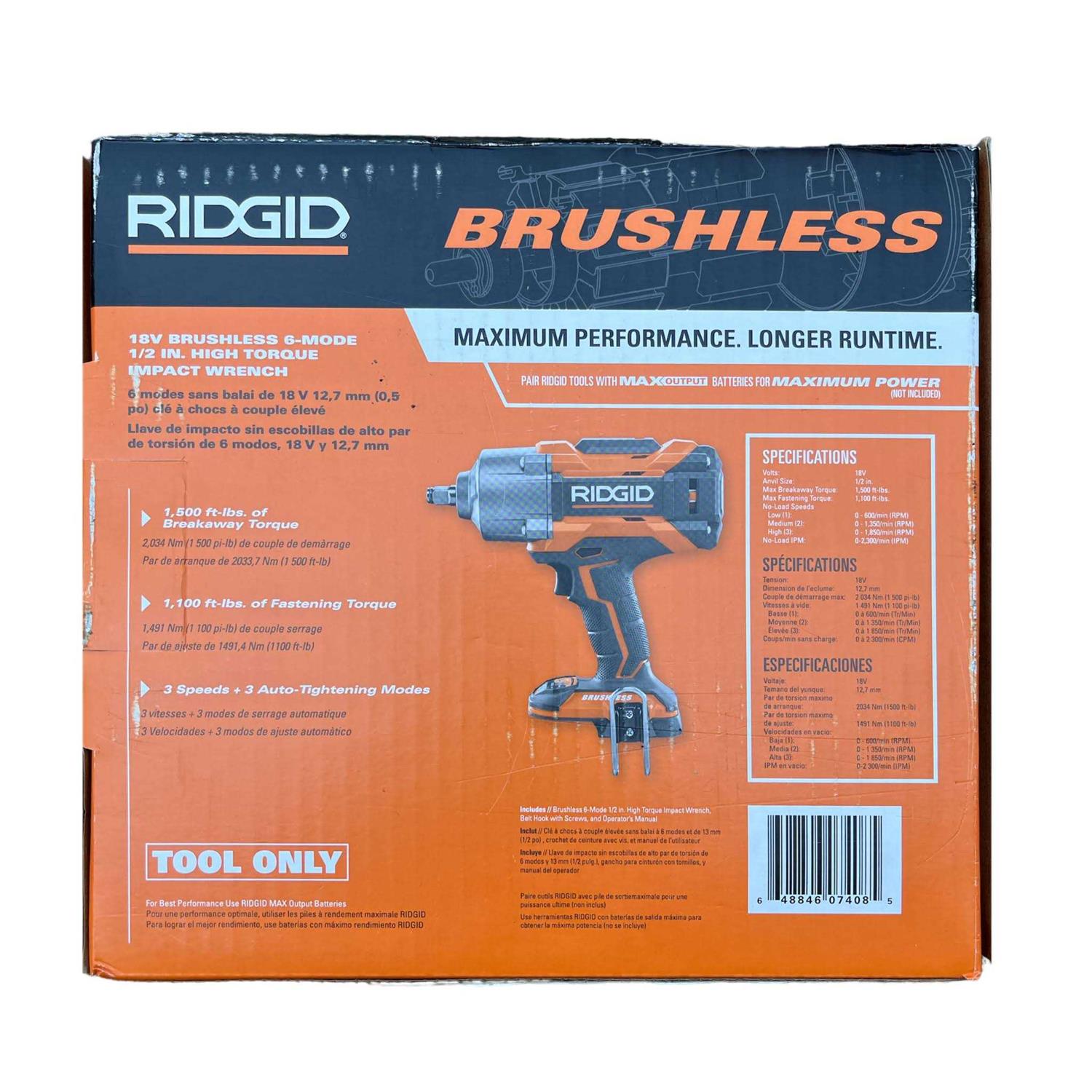 Ridgid R86211B 18-Volt OCTANE Cordless Brushless 1/2 in. High Torque 6 ...