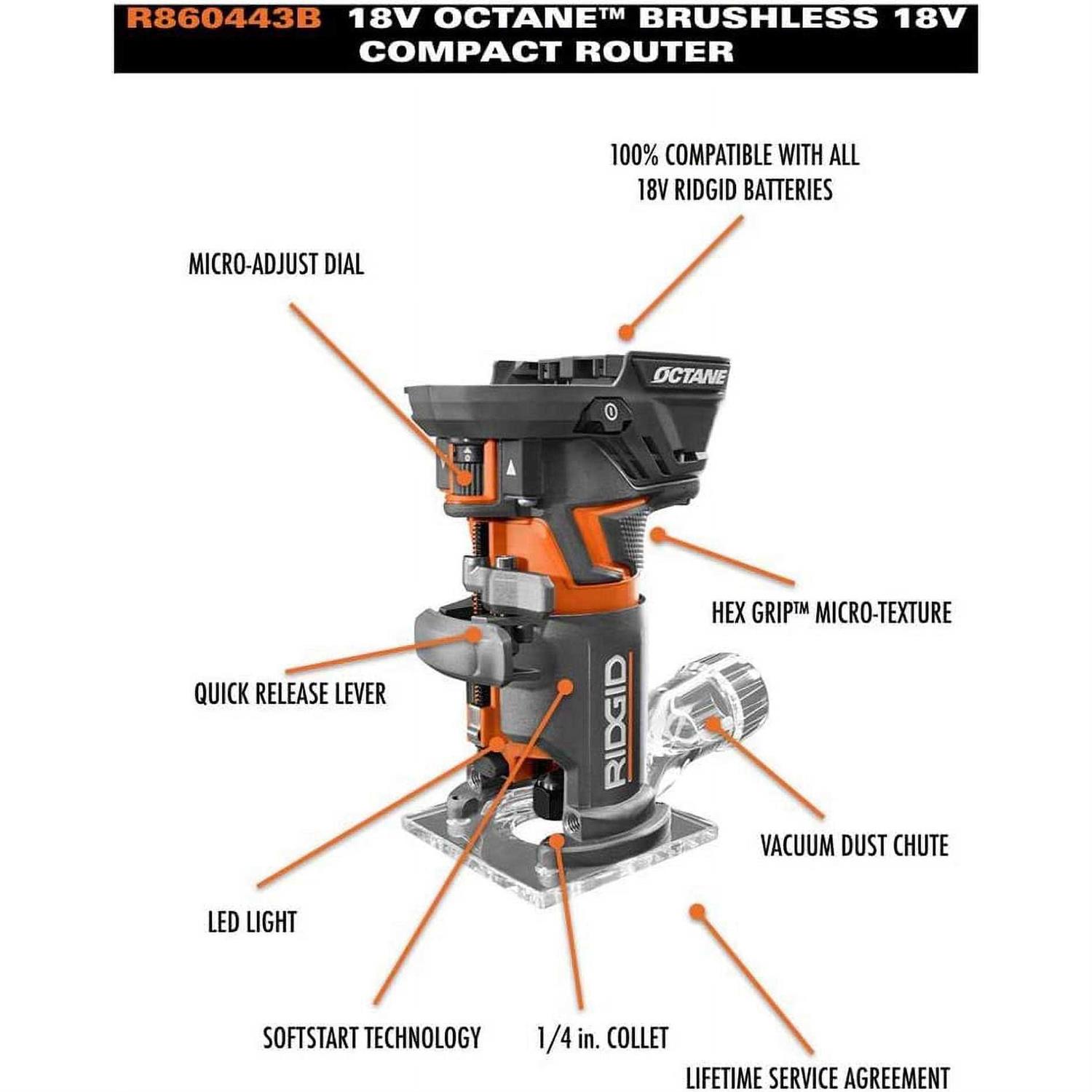 RIDGID 18-Volt OCTANE Cordless Brushless Compact Fixed Base Router with ...