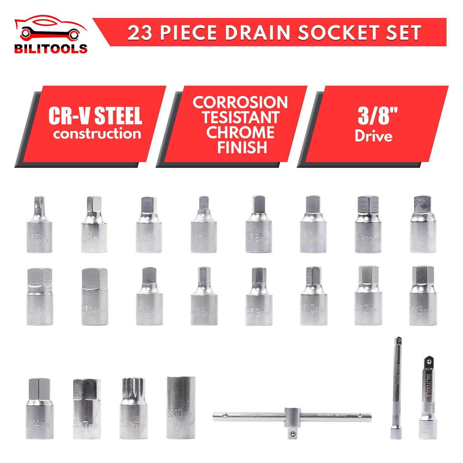 BILITOOLS 23-Piece Drain Plug Socket Set 3/8 Drive Oil Drain Plug Key ...