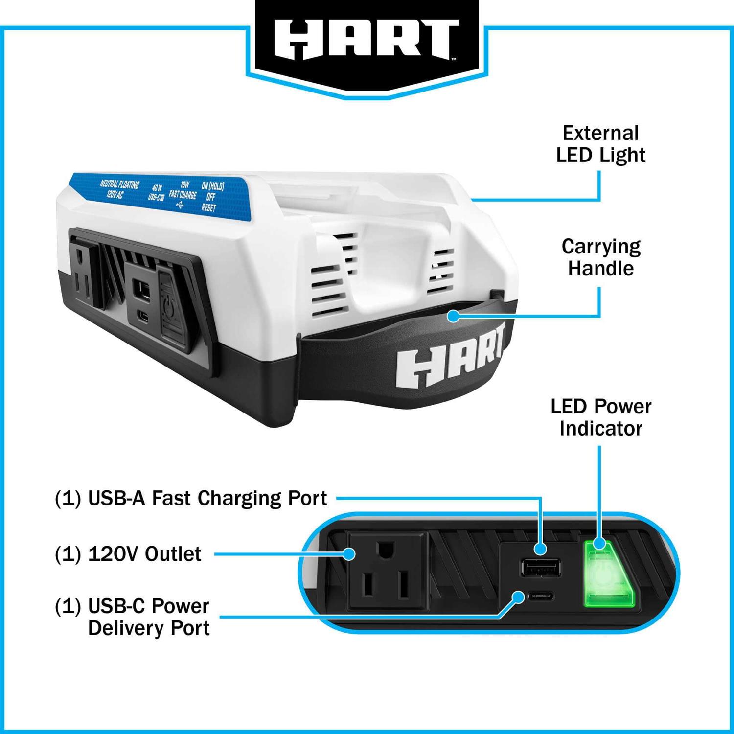Hart 40-Volt Cordless 300 Watt Battery Powered Power Source with LED ...