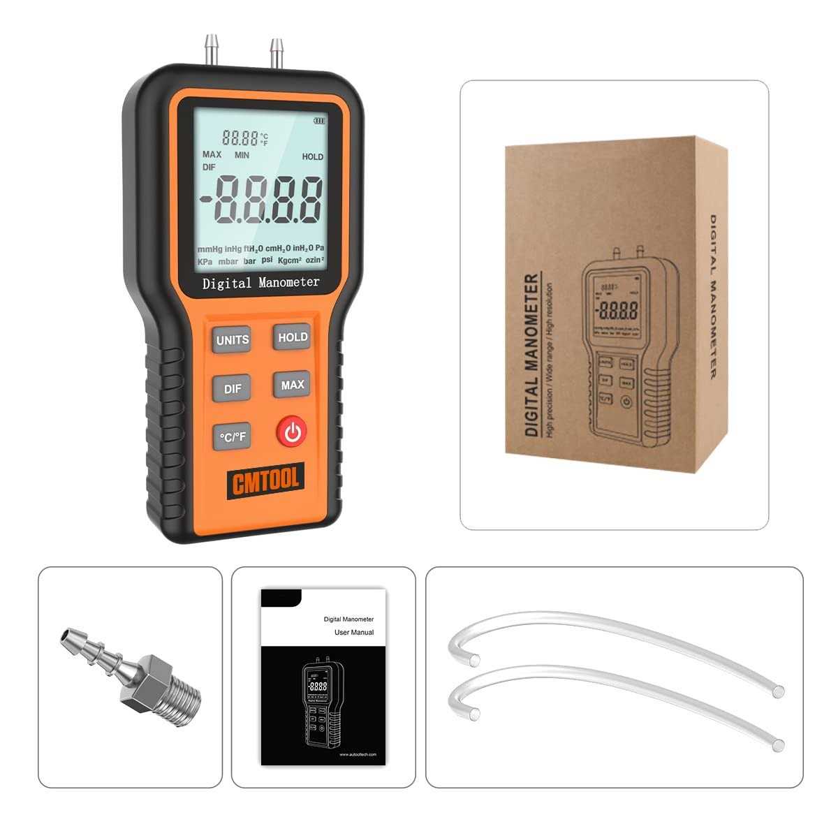 CMTOOL Manometer Gas Pressure Tester Digital Manometer HVAC Gauge ...
