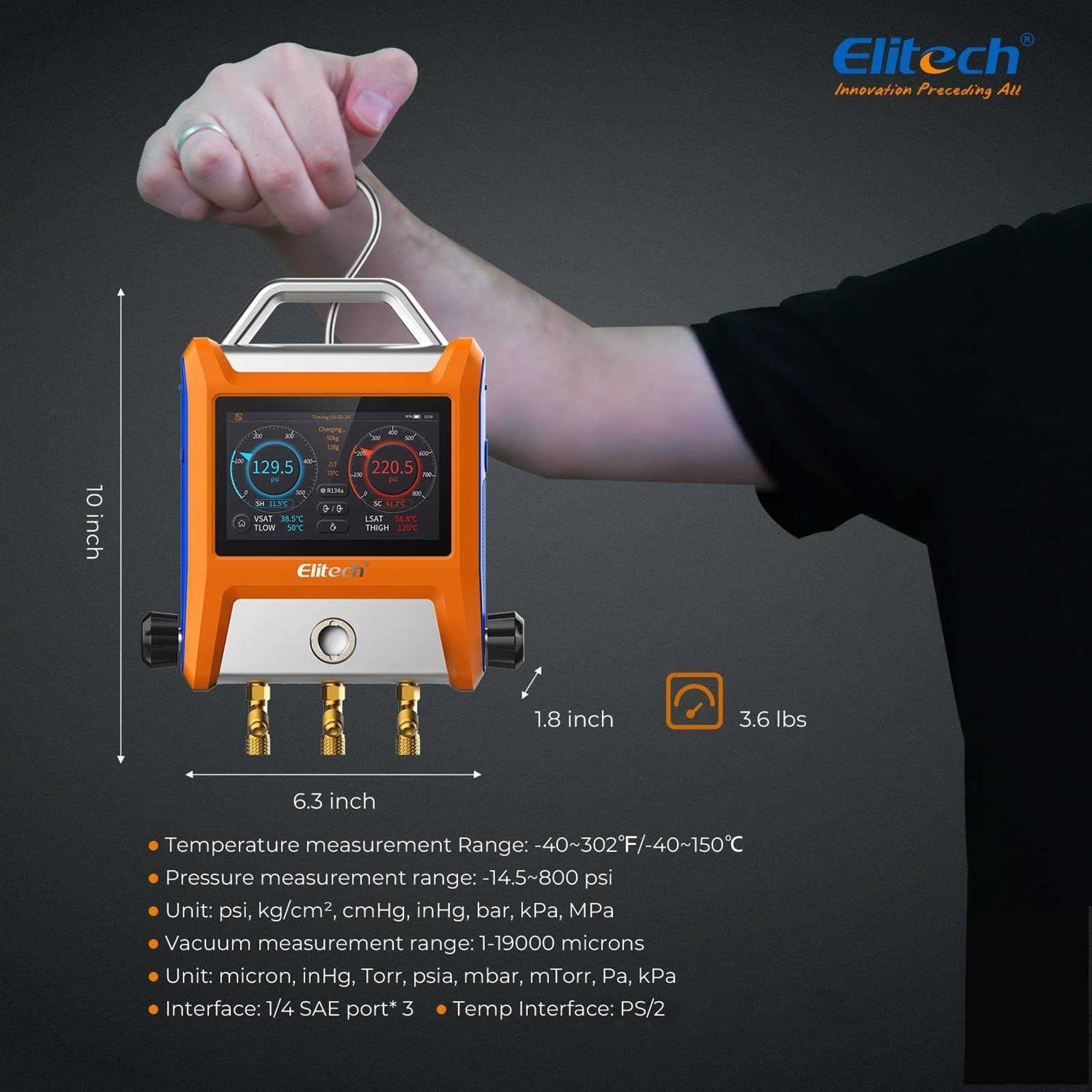 Elitech Intelligent Hvac Digital Manifold Gauge Three Port with Vaccum Sensor Thermometer Clamps ...