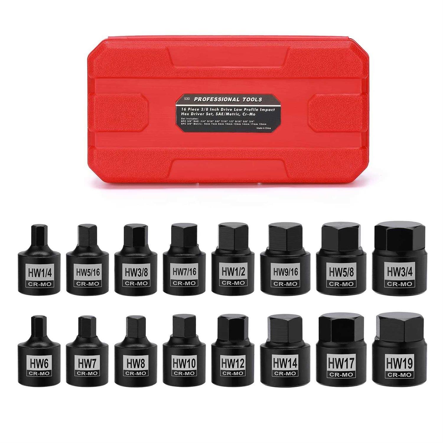 Mayouko 16 Pieces 3/8 Drive Low Profile Hex Socket Set Impact Allen Bit ...