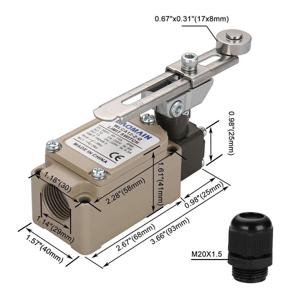 Baomain Adjustable Rotary Roller Lever Limit Switch WLCA12-2-Q Momentary 380V 10A - Hardware ...