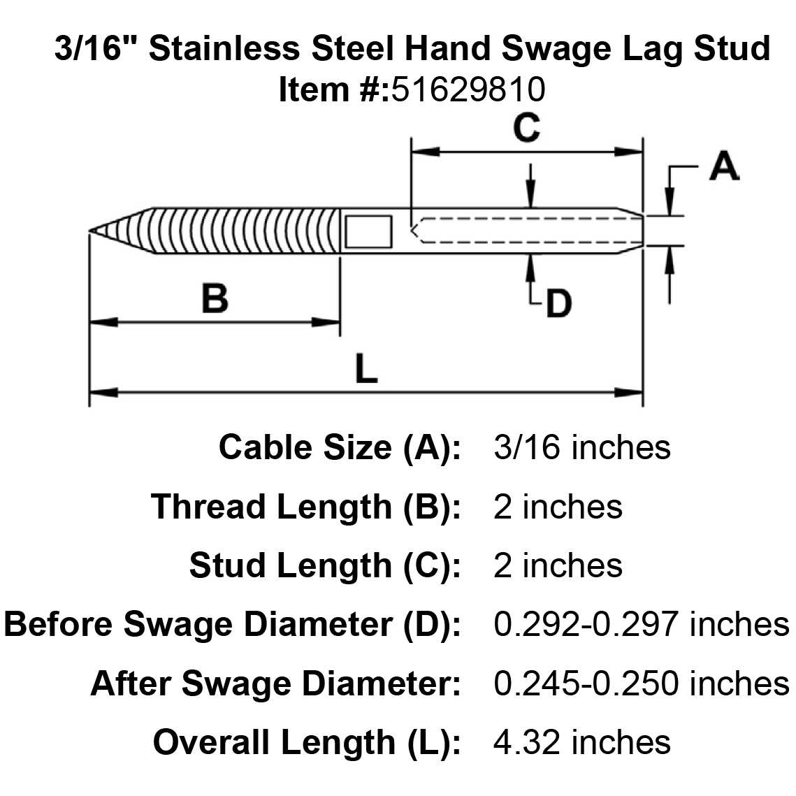 Stainless Steel Cable Railing Lag Stud - Hardware&Tools Online Store