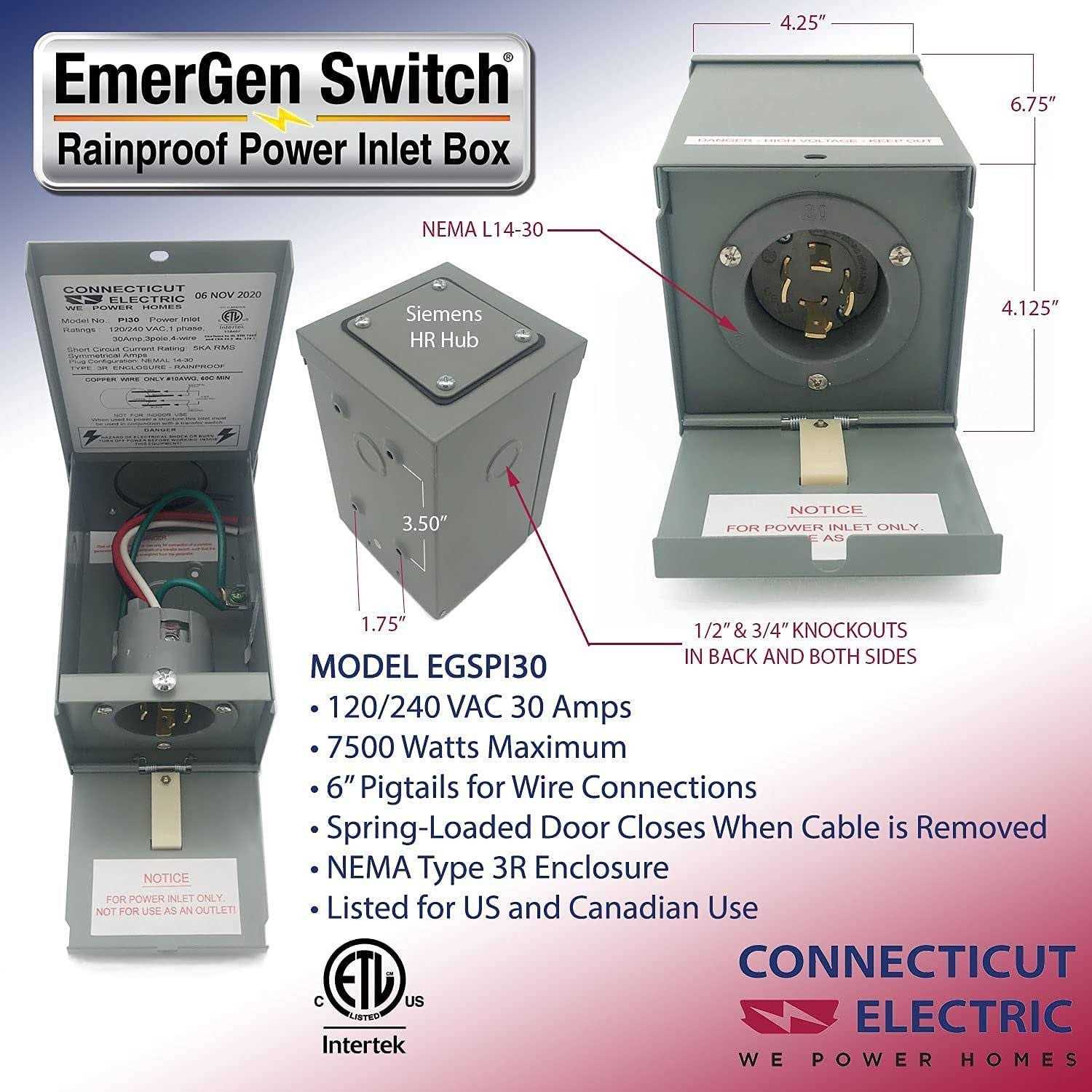 Connecticut Electric 30-Amp Power Inlet Box with Hinged Door NEMA 3R ...