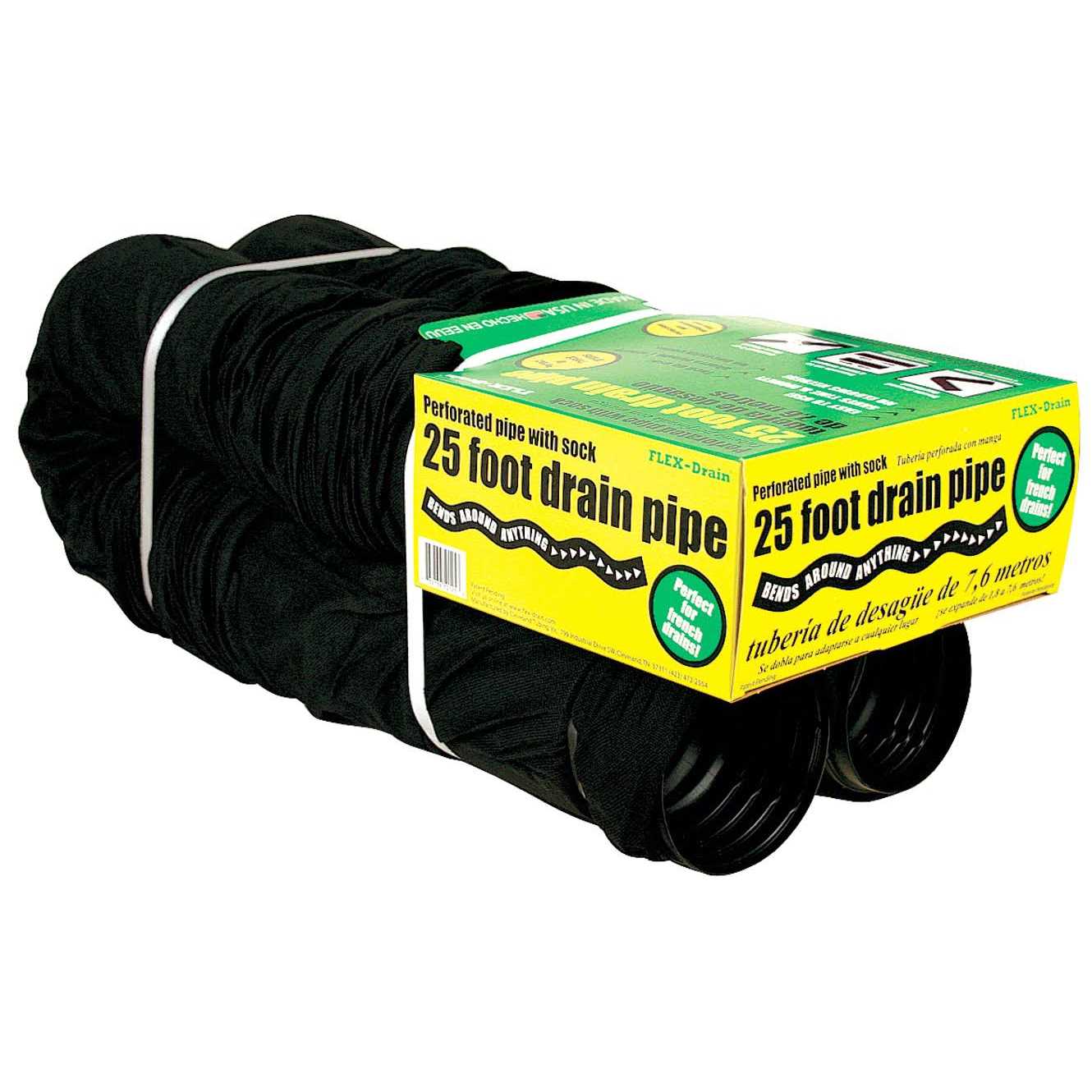 Flex-Drain 50510 25' Perforated Landscape Pipe Drain with Sock ...