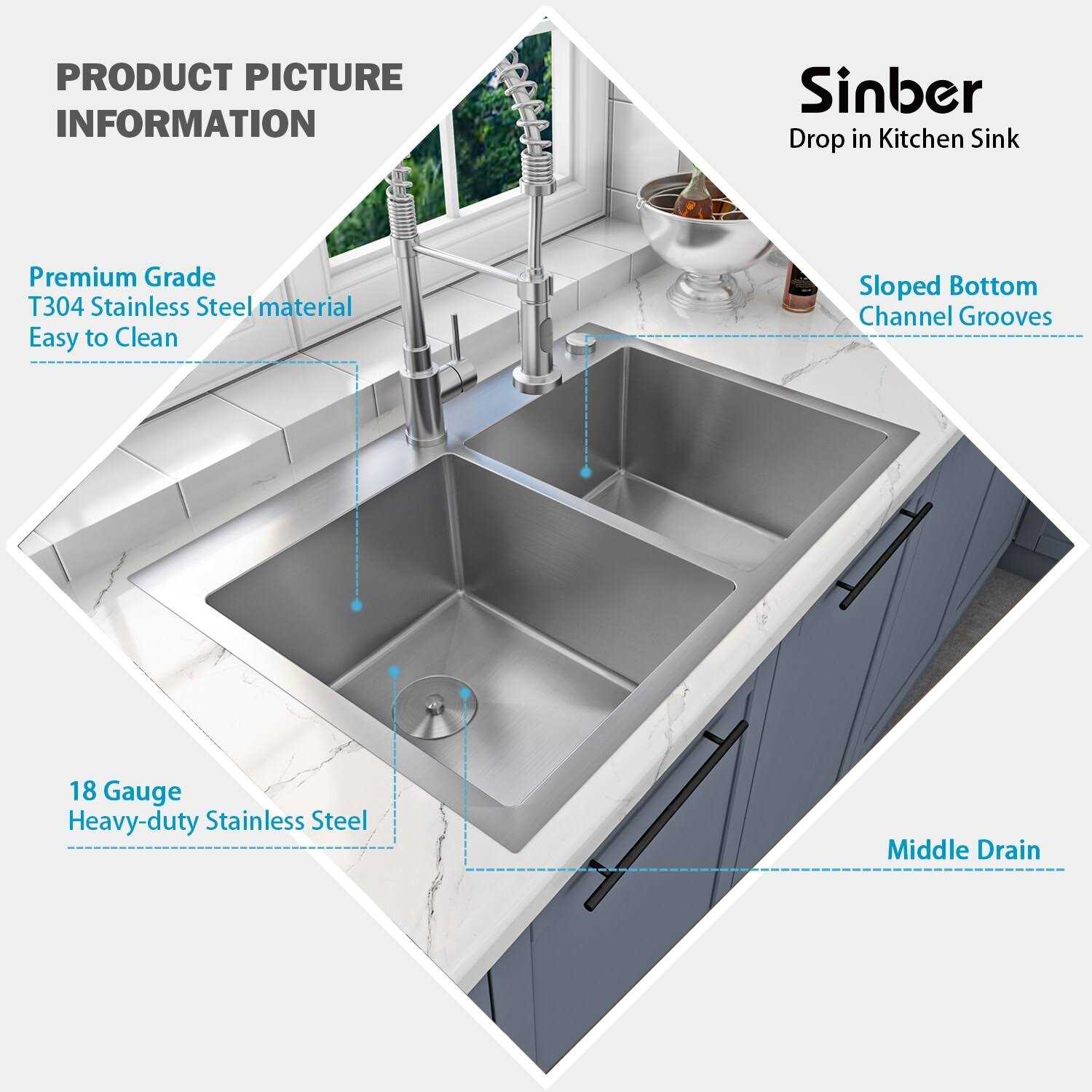 Sinber 33 in. Drop-in Double Bowl 18-Gauge 304 Stainless Steel ...